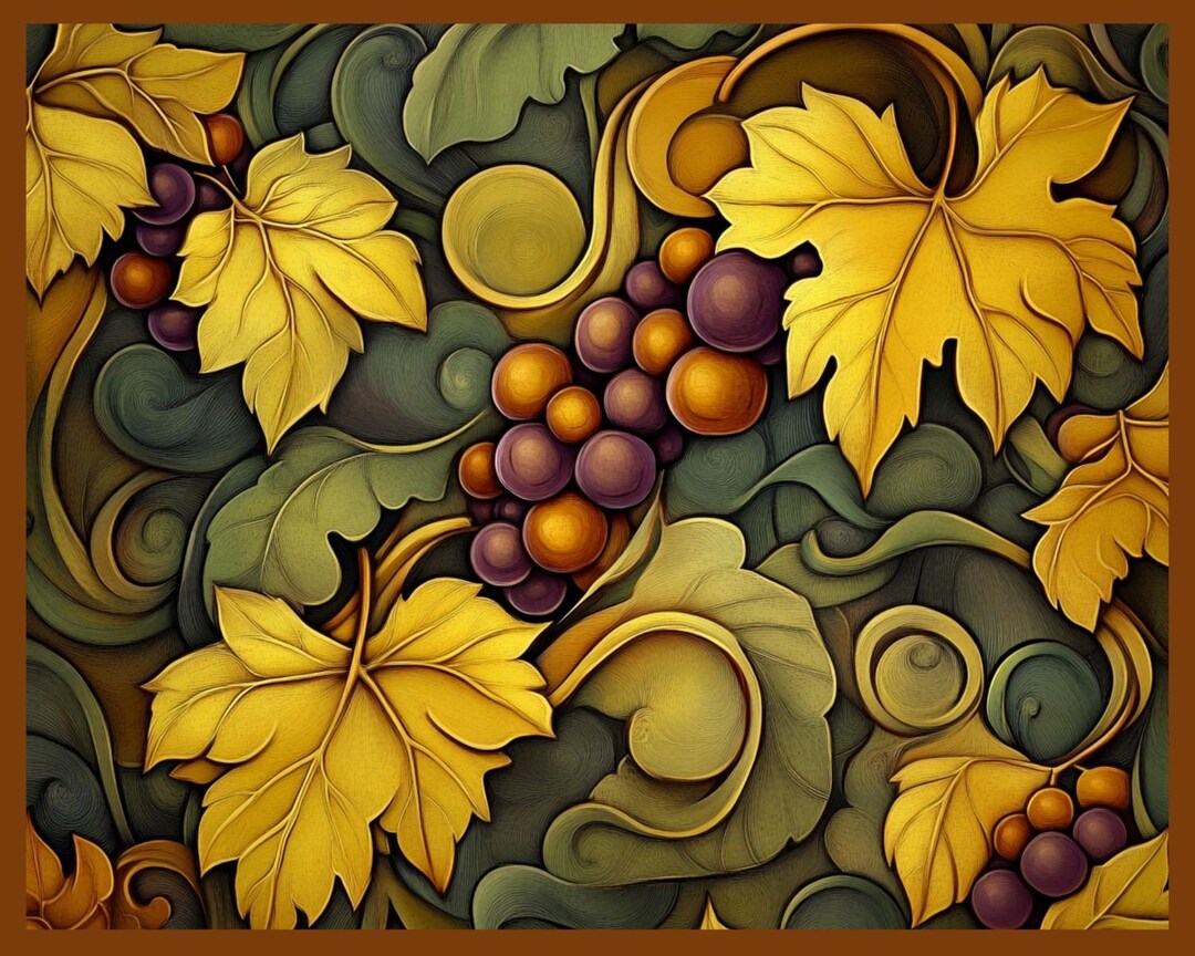 Art Nouveau Autumn Harvest Wall Art: Swirling Leaves and Grapes Design ...