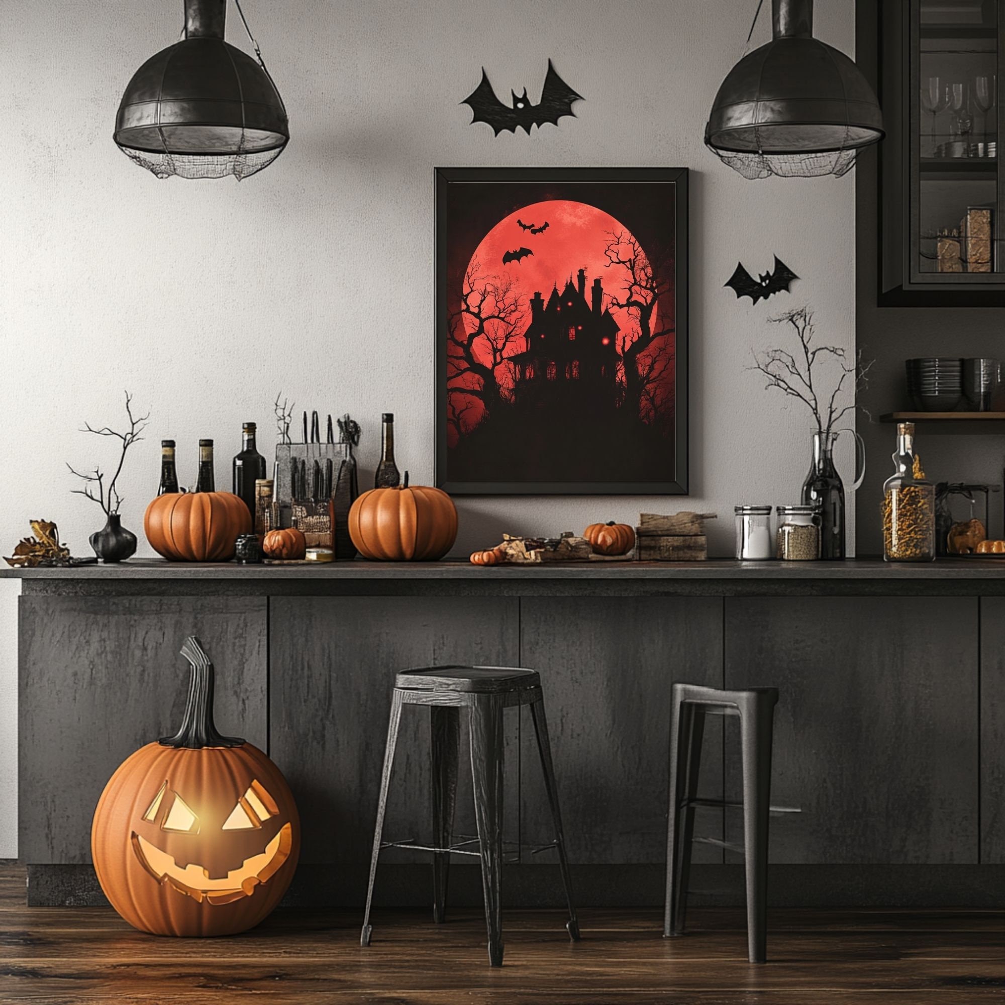 Haunted Victorian Mansion Silhouette Against Blood Moon: Eerie ...