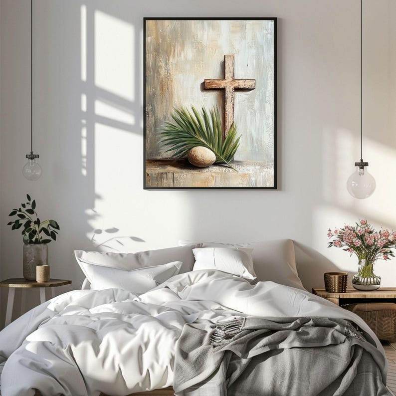 Easter Cross and Palm Art Print | Religious Wall Decor (digital ...