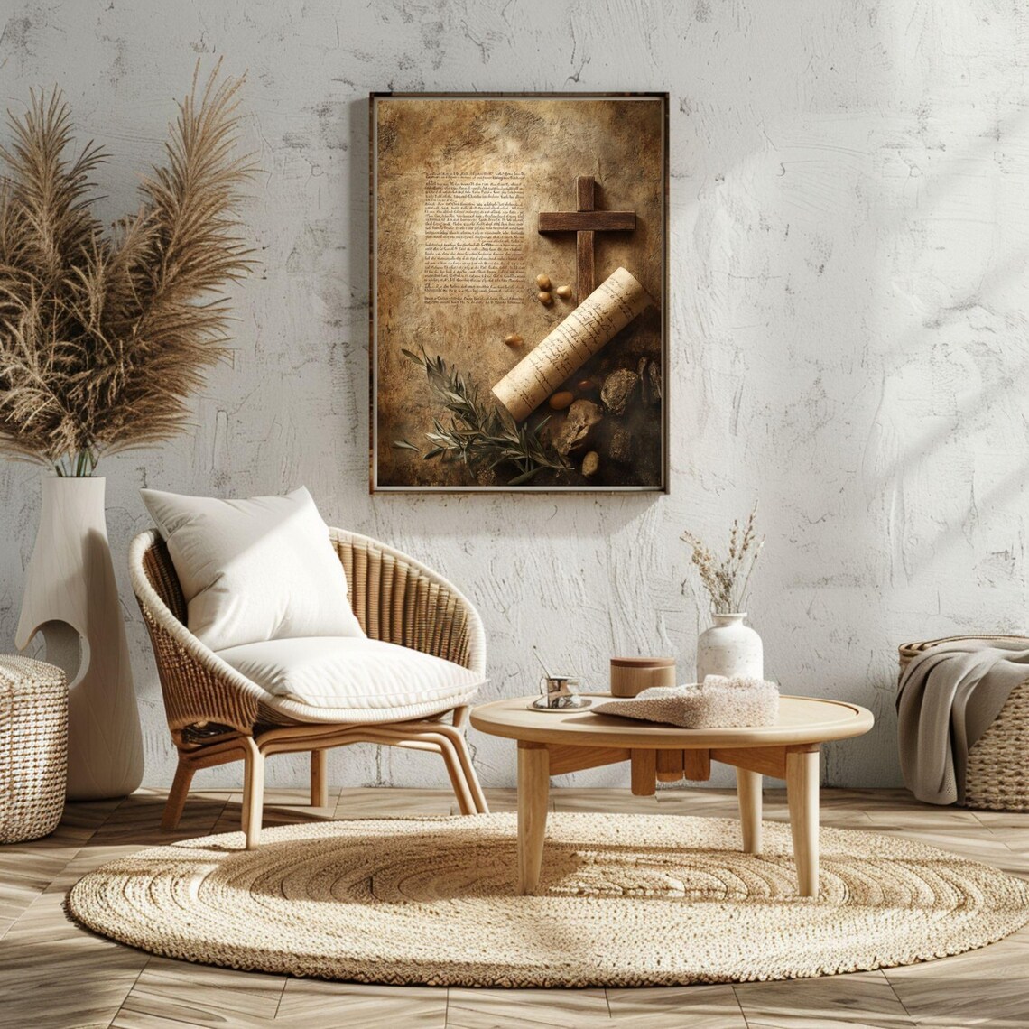 Vintage Christian Cross Art Print, Parchment Scroll, Religious Wall ...
