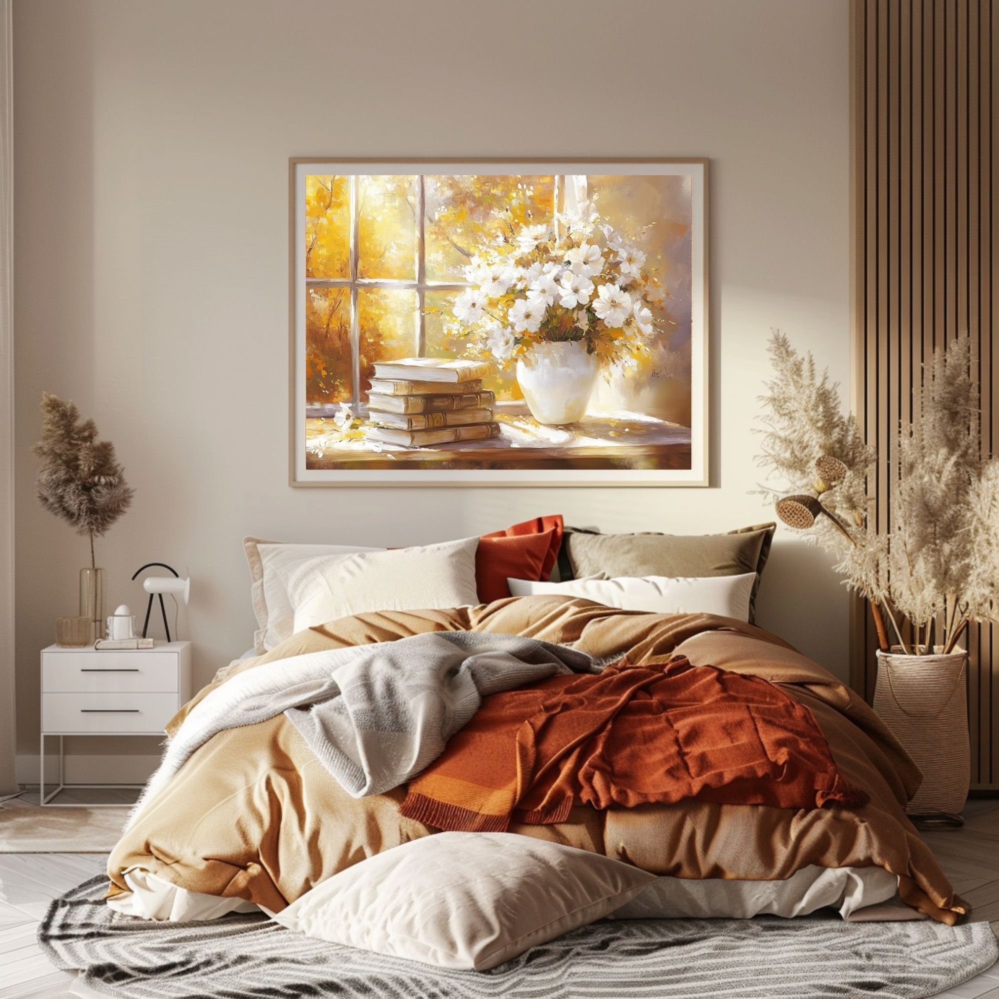 Sunny Autumn Art Print: Cozy Window Scene With Flowers and Books ...