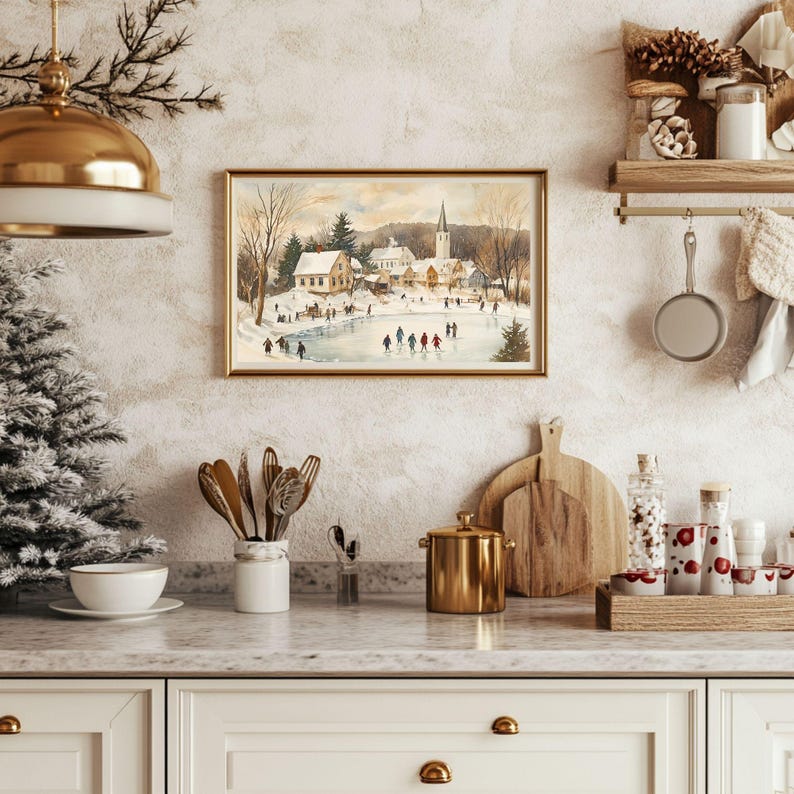 Winter Village Ice Skating Watercolor Print | Vintage Holiday Decor ...