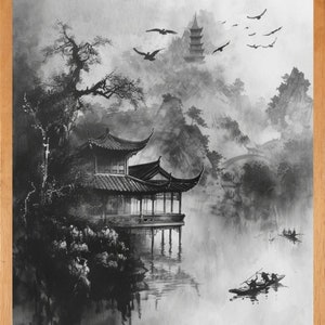 Japanese Ink Landscape Art Print, Monochrome Oriental Painting (digital ...