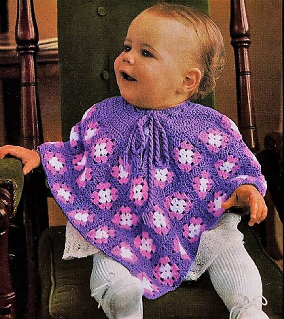 Vintage Crochet Pattern Baby Girl Tri-color Granny Square Poncho PDF ...