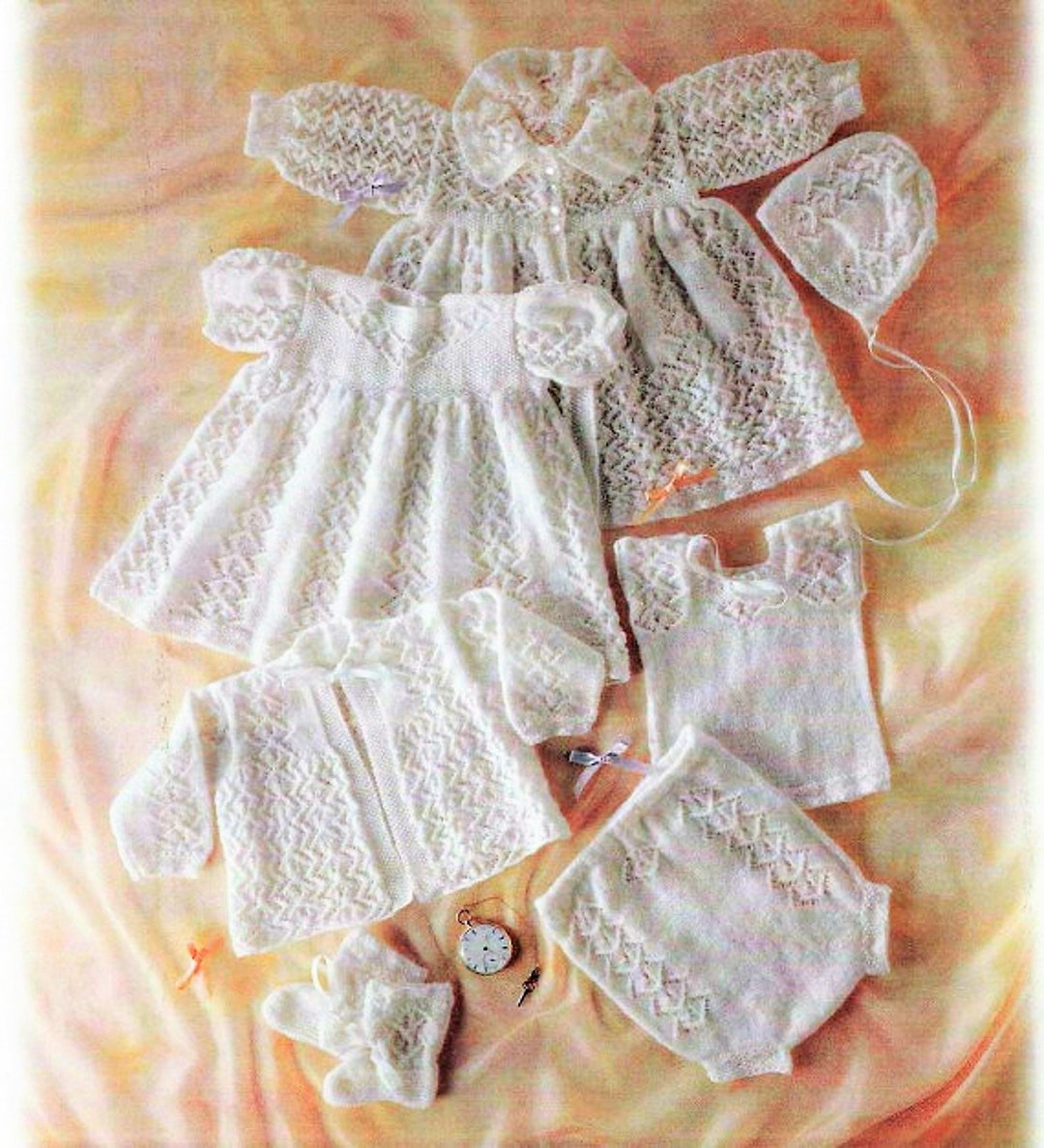 Vintage 2 Ply Knitting Pattern Knit Baby Girl 7 Pc Cobweb Lace Layette ...