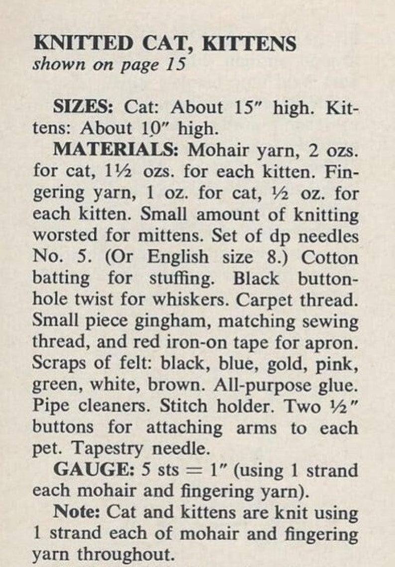 Vintage Knitting Pattern 10" Three Little Kittens Who Lost Their ...