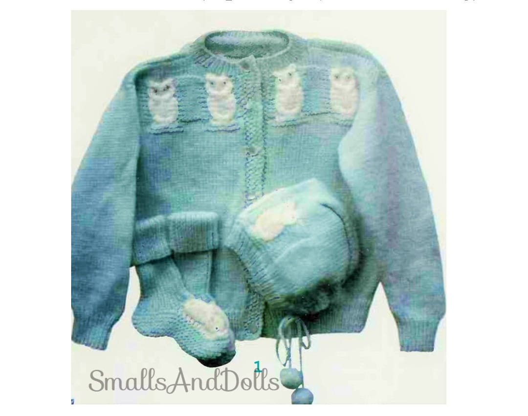 Vintage Knitting Pattern Baby Owl Cardigan Sweater Hat Booties Set PDF ...