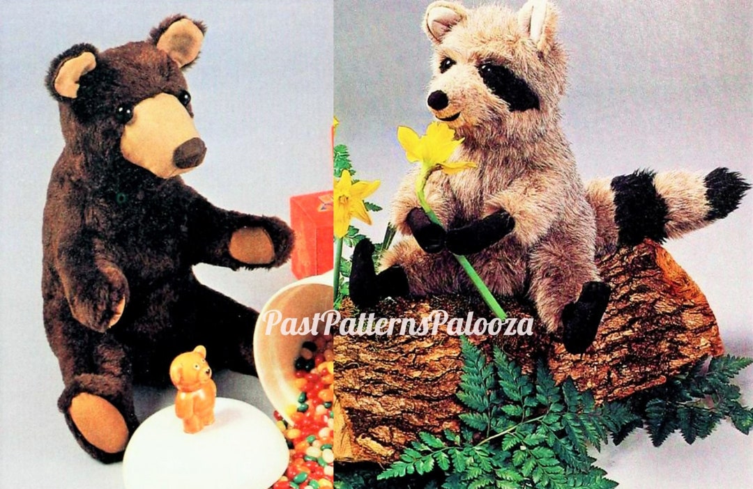 Vintage Sewing Pattern 16" Plush Raccoon and Brown Bear Faux Fur Fabric ...