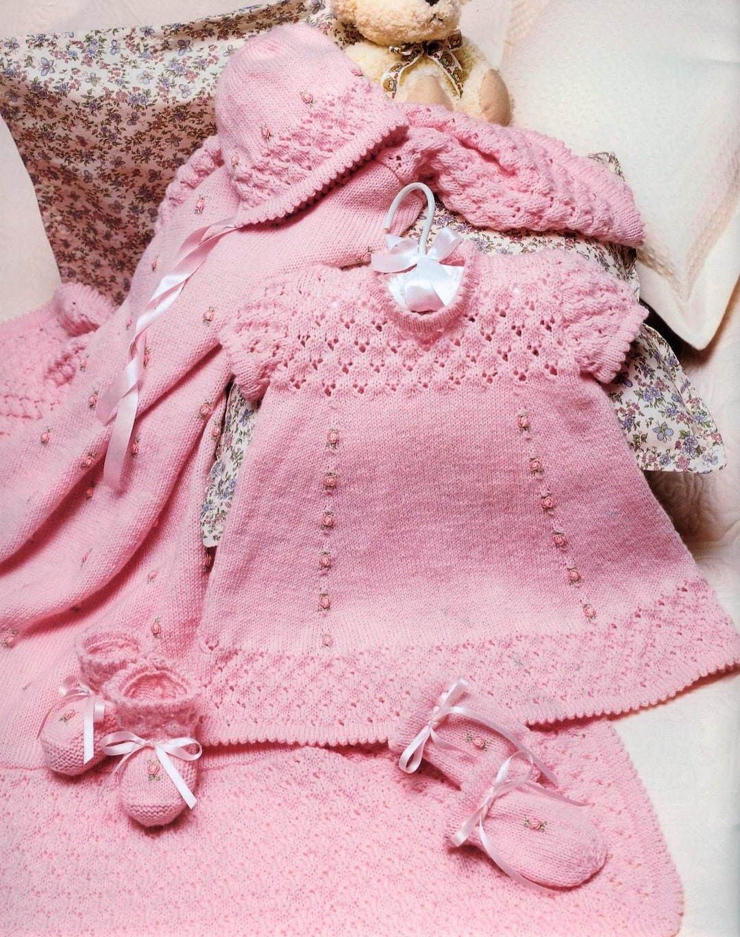 Vintage Knitting Pattern Baby Rosebud Layette Set Matinee Jacket Dress ...