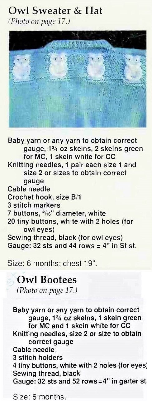 Vintage Knitting Pattern Baby Owl Cardigan Sweater Hat Booties Set PDF ...