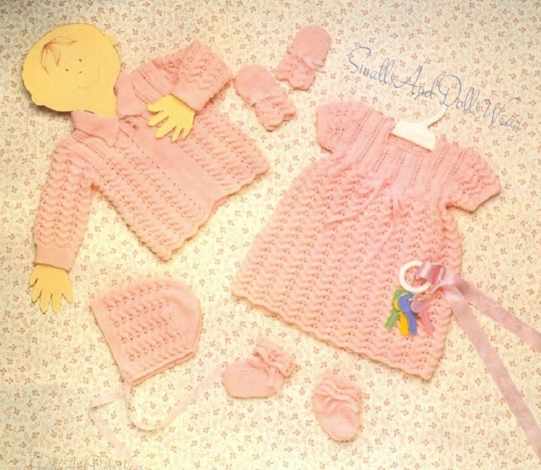 Vintage Knitting Pattern Knit Baby Girl Heather Ripple Eyelet Layette ...