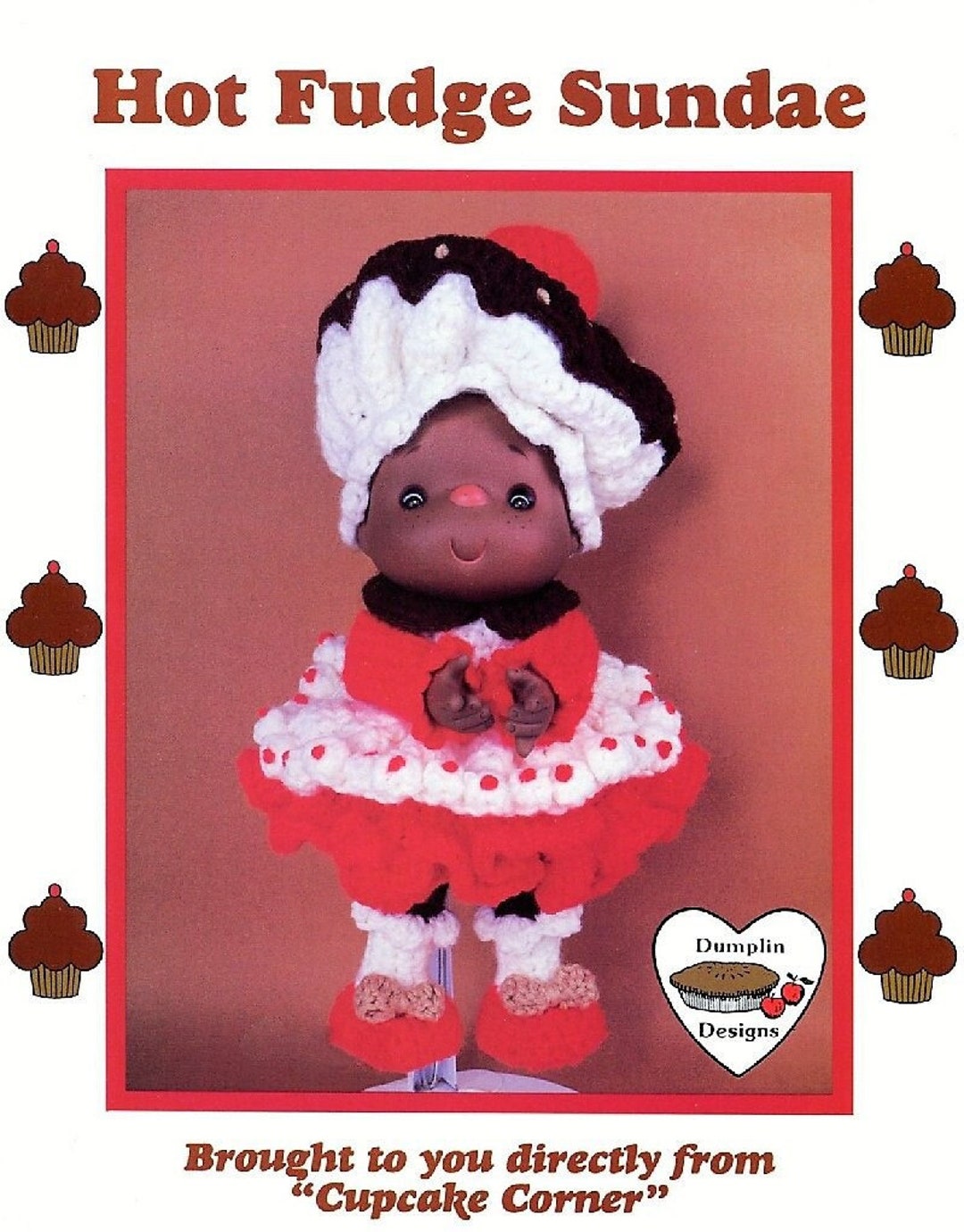 Vintage Crochet Pattern 14" Cupcake Corner Hot Fudge Sundae Yarn Head ...