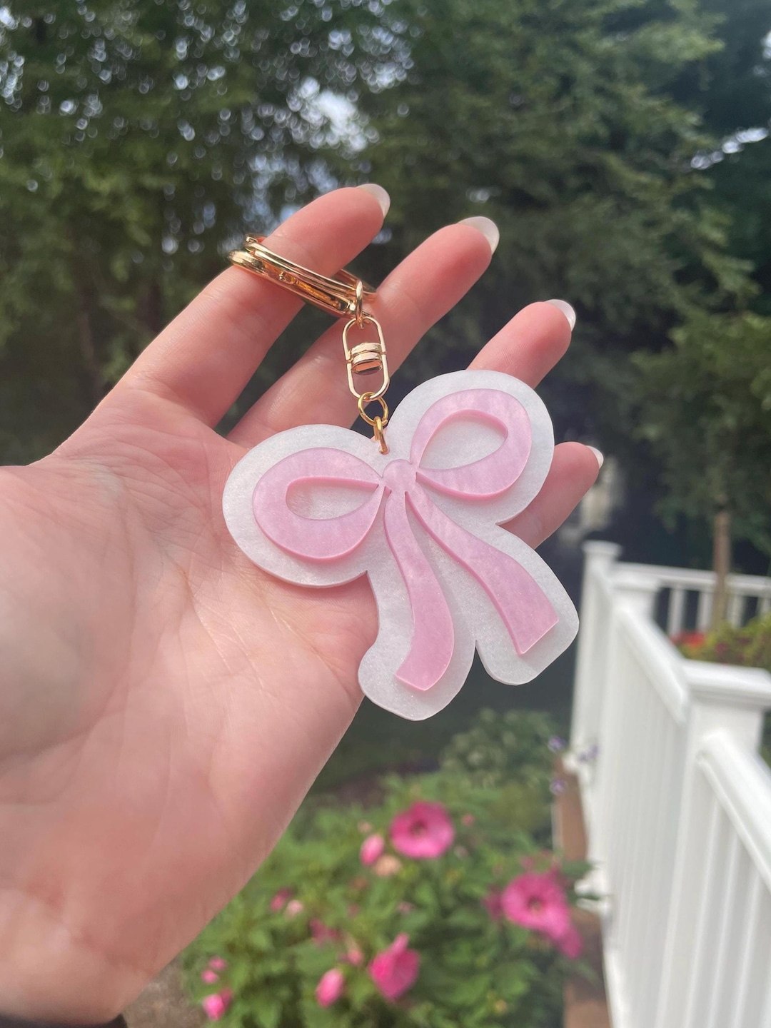 Pretty Pearlescent Pink and White Coquette Bow Keychain With Gold ...