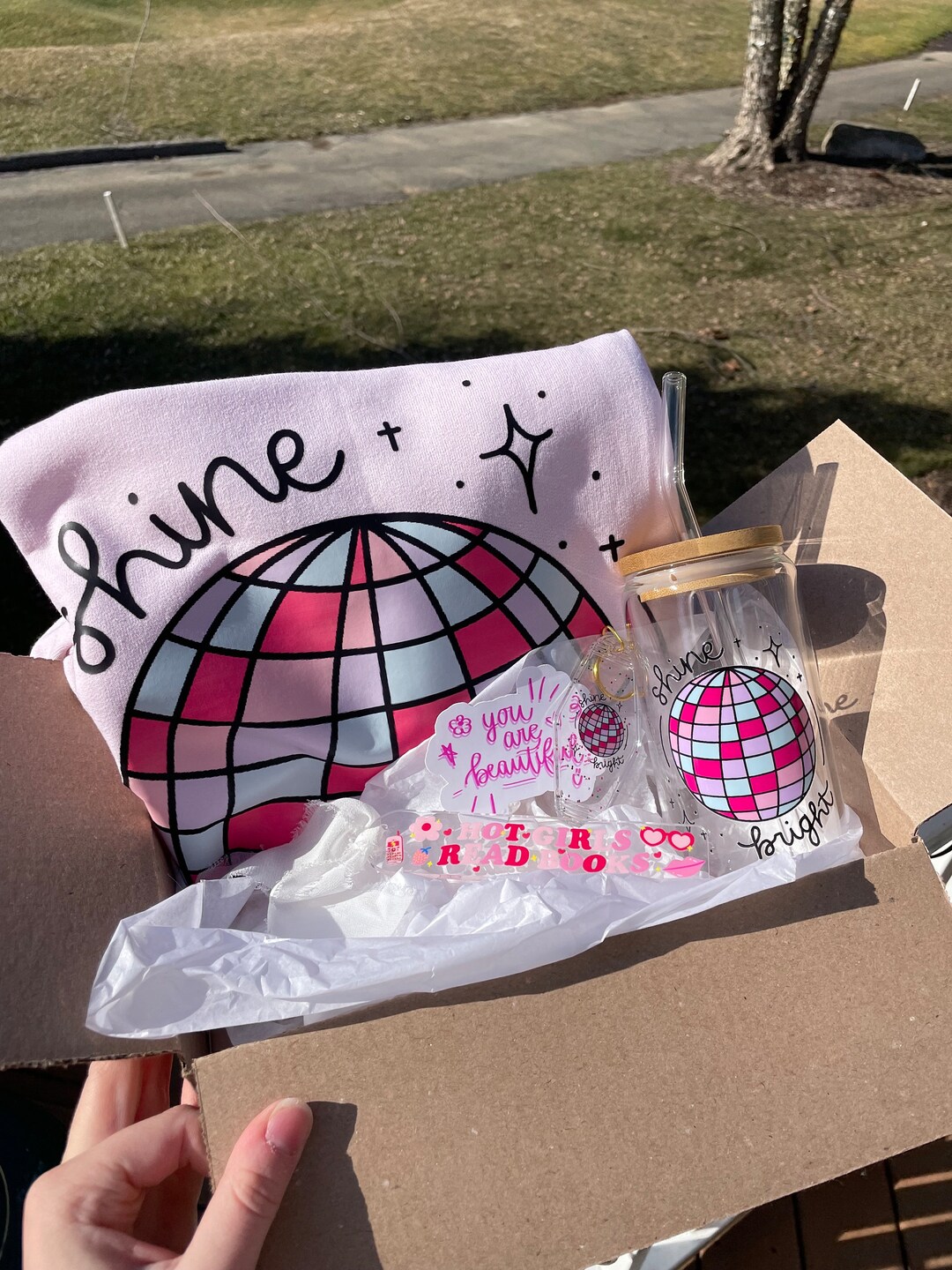 Shine Bright Disco Ball Bundle Box With Glass Cup, Sweatshirt, Bookmark ...