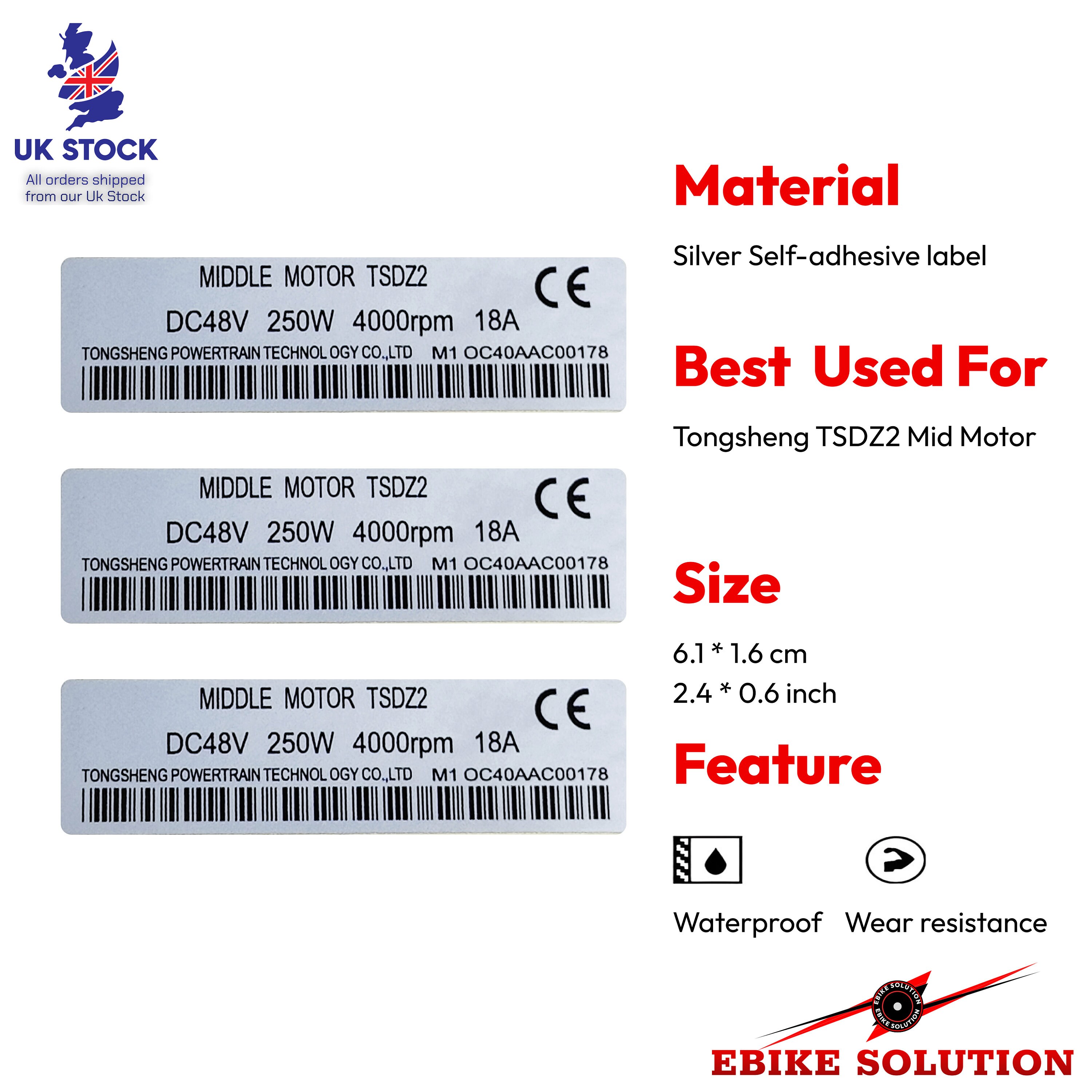 3x Ebike Sticker Decal 250W Road Legal for Tongsheng TSDZ2 48V Electric ...
