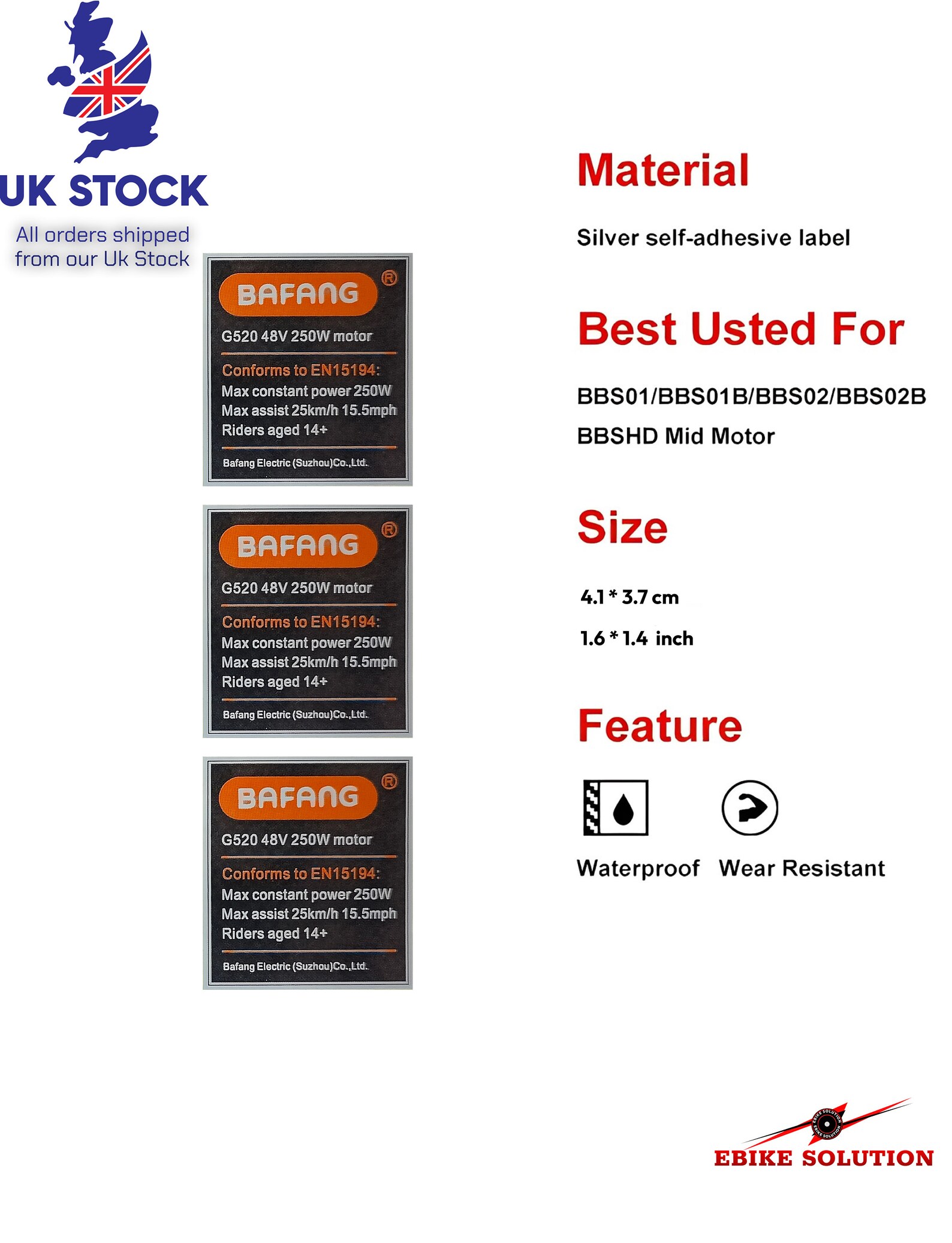 Ebike 3x Sticker Decal 250W 'road Legal' for Bafang G520 (M500 ...