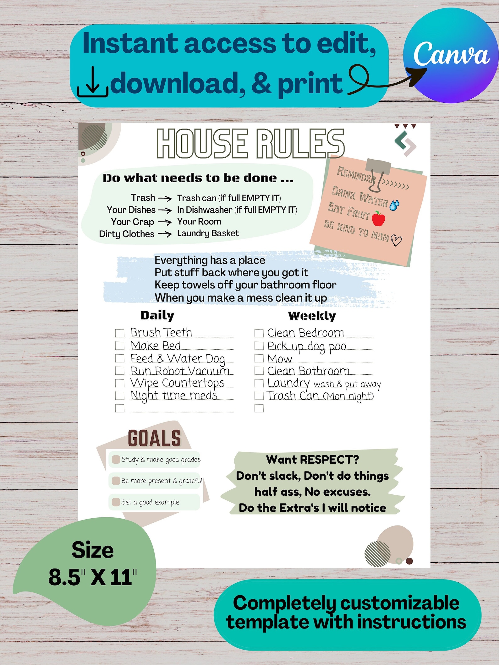 House Rules for Teens, Editable on Canva Completely Customizable ...