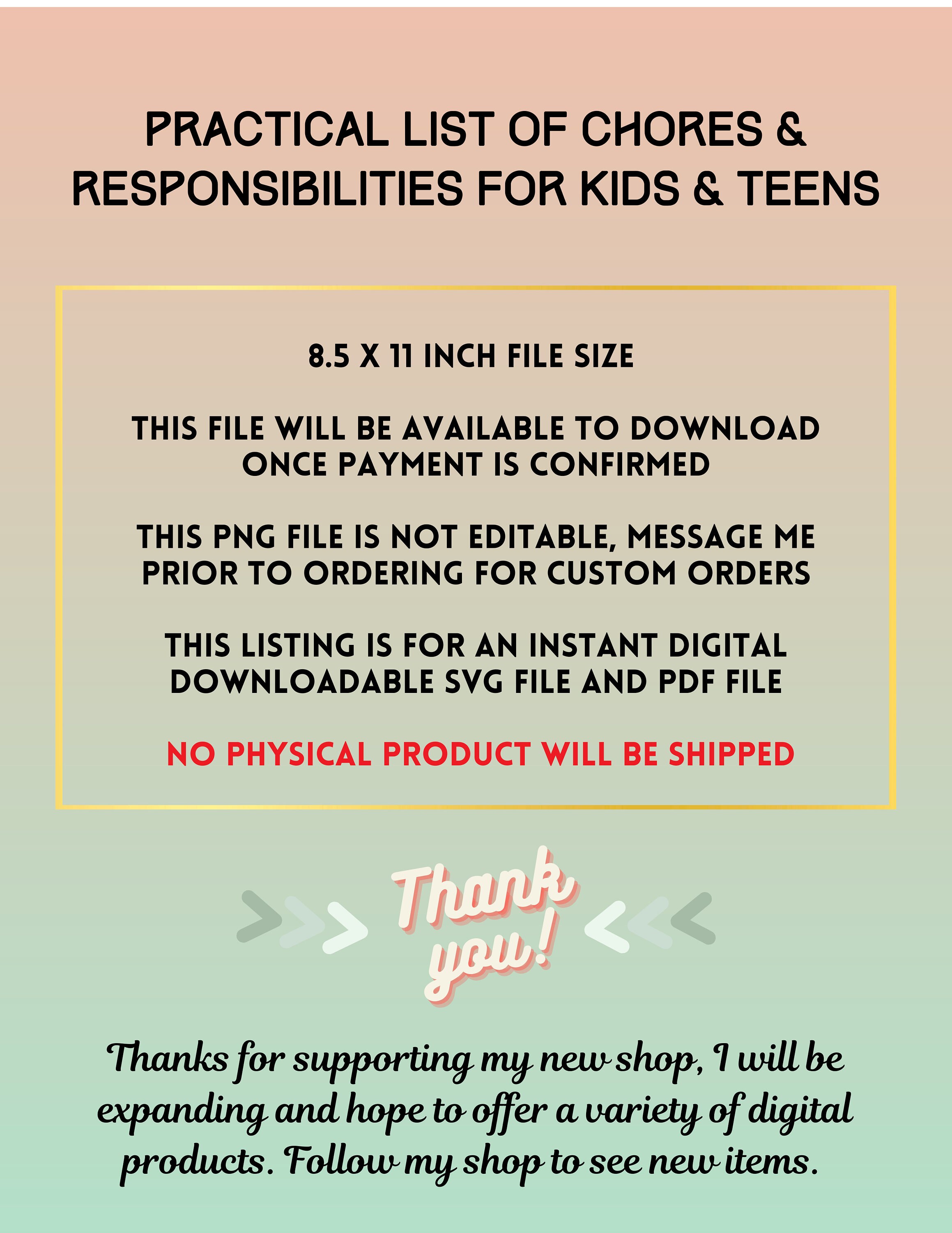 Printable Chore Chart for Teenagers Digital Kids and Teens to - Etsy