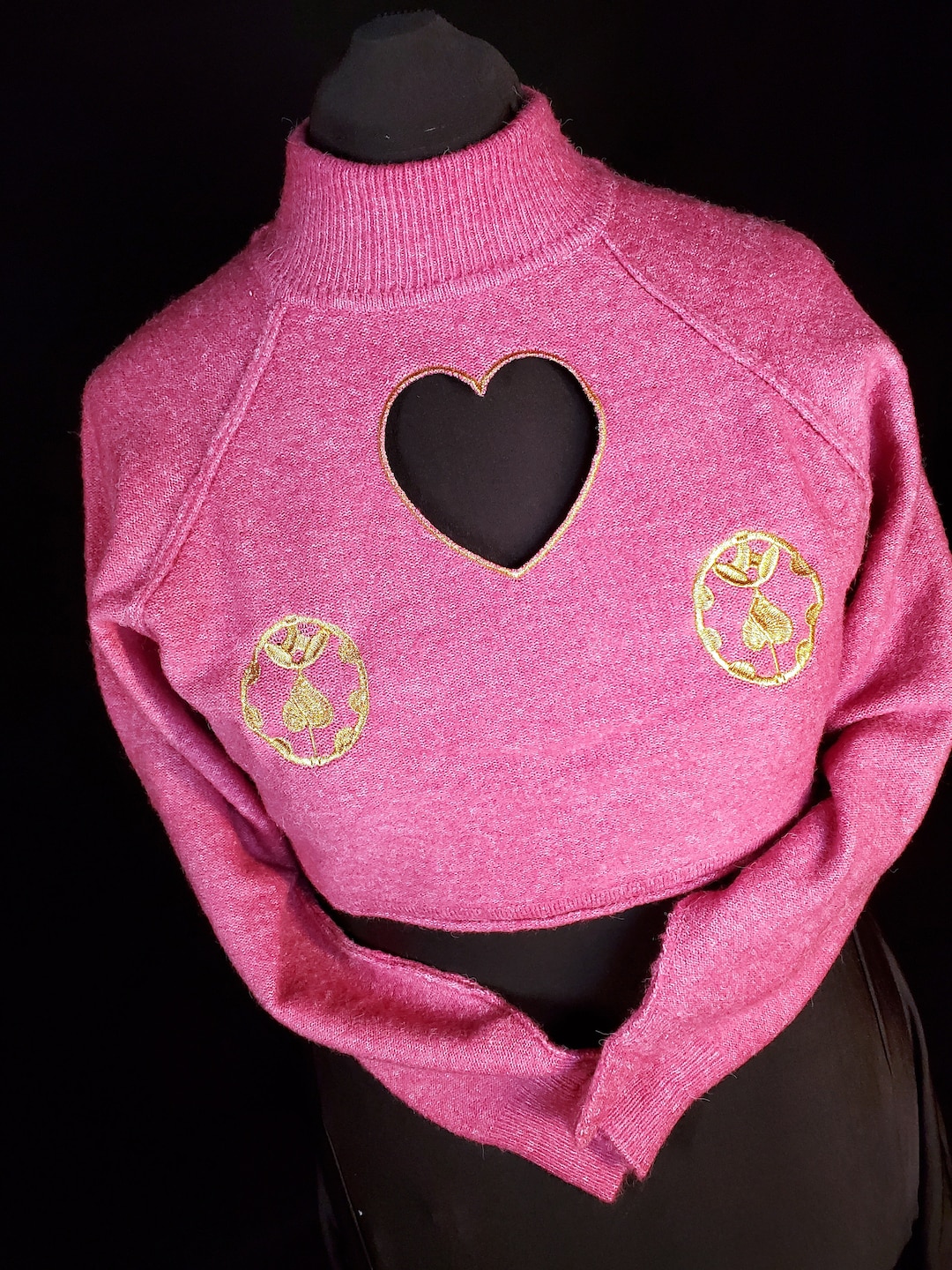 Pink/ Raspberry Cropped Lightweight Sweater With Cutout Heart and ...