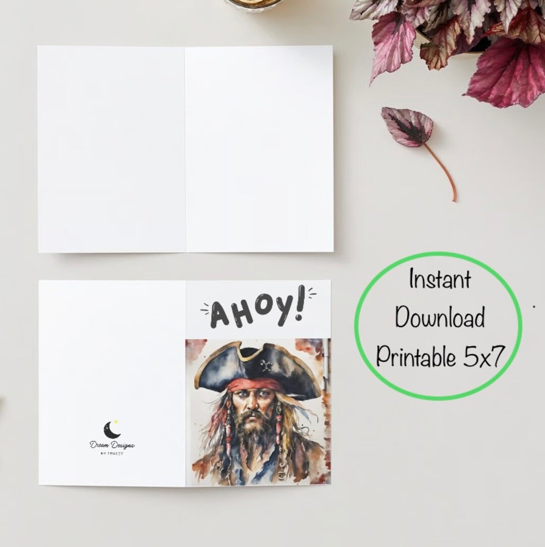 Printable Ahoy Pirate Greeting Card, Watercolor Print, Digital Card ...