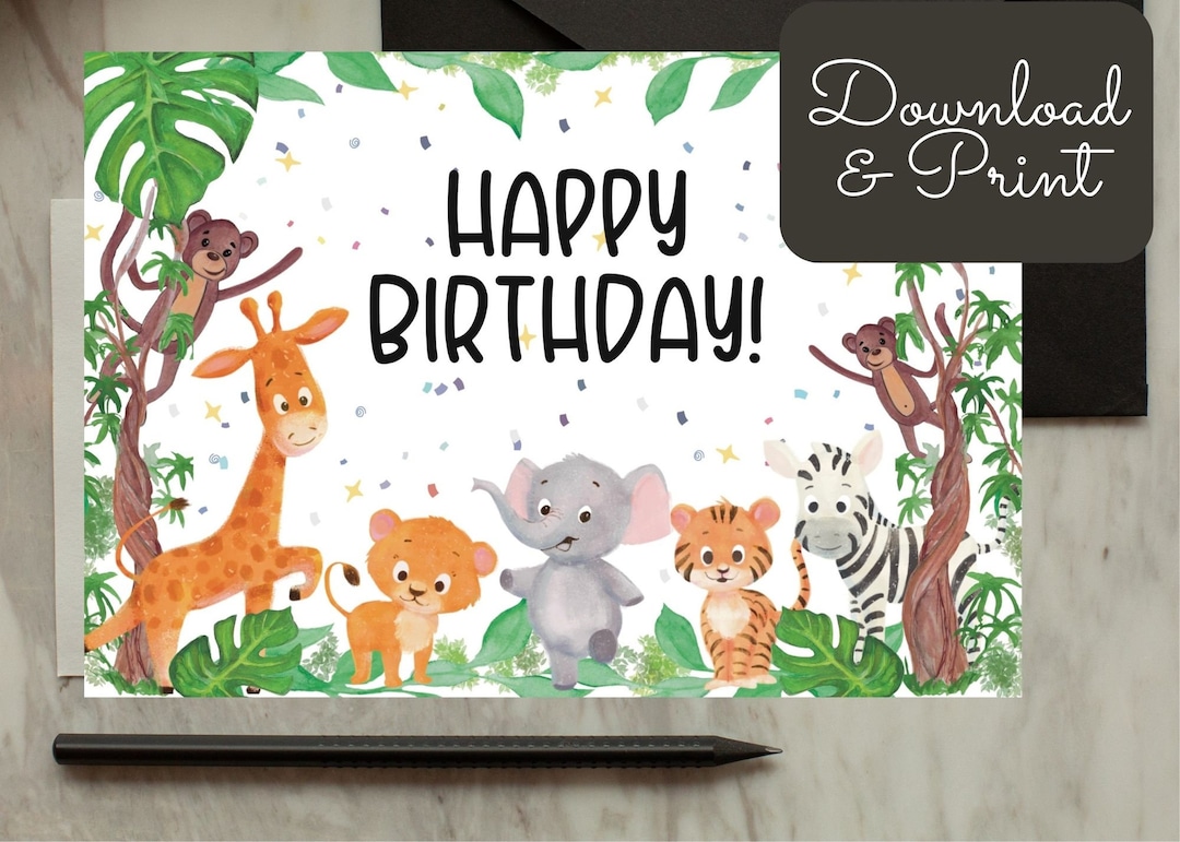 Jungle Theme Birthday Printable Greeting Card | Happy Birthday Jungle ...
