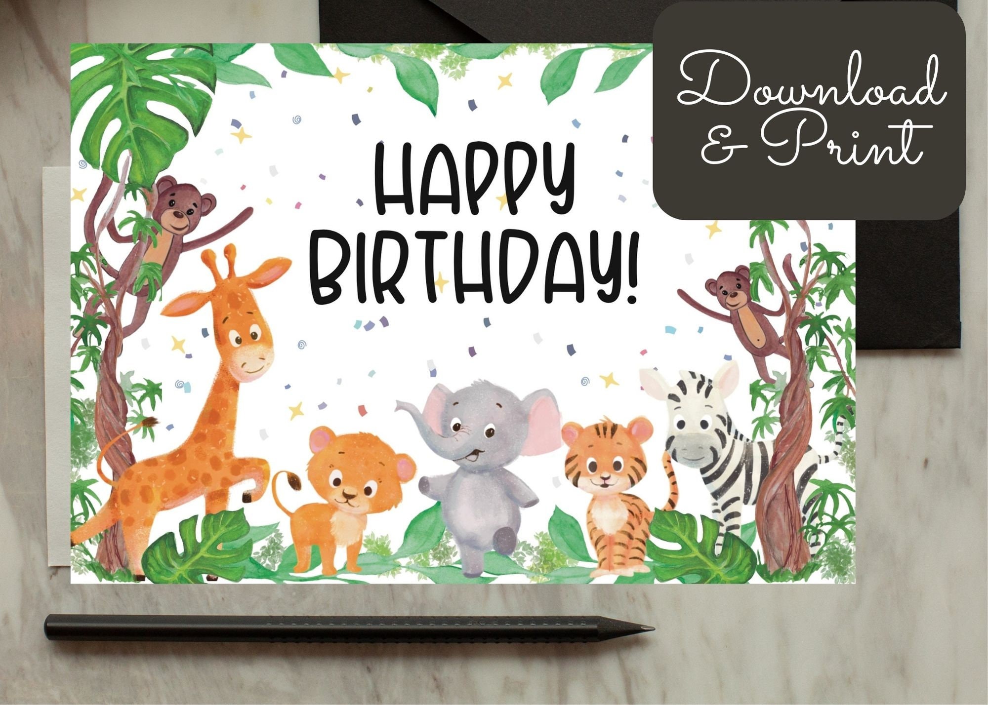 Jungle Theme Birthday Printable Greeting Card | Happy Birthday Jungle ...