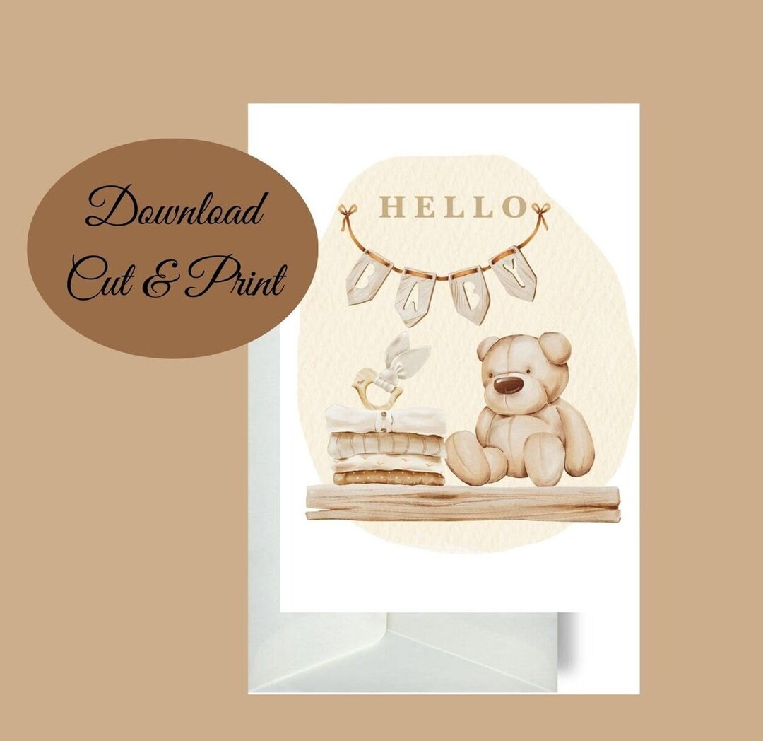 Baby Shower Card Printable | Teddy Bear, Neutral Colors (digital ...