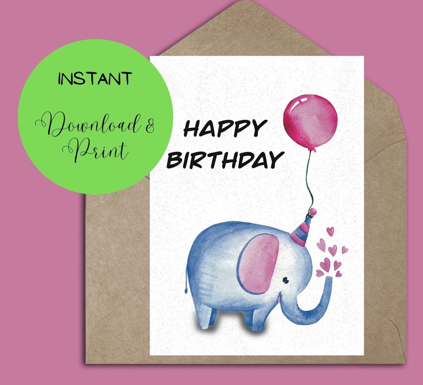 Elephant Happy Birthday Printable Greeting Card Printable Card Digital ...