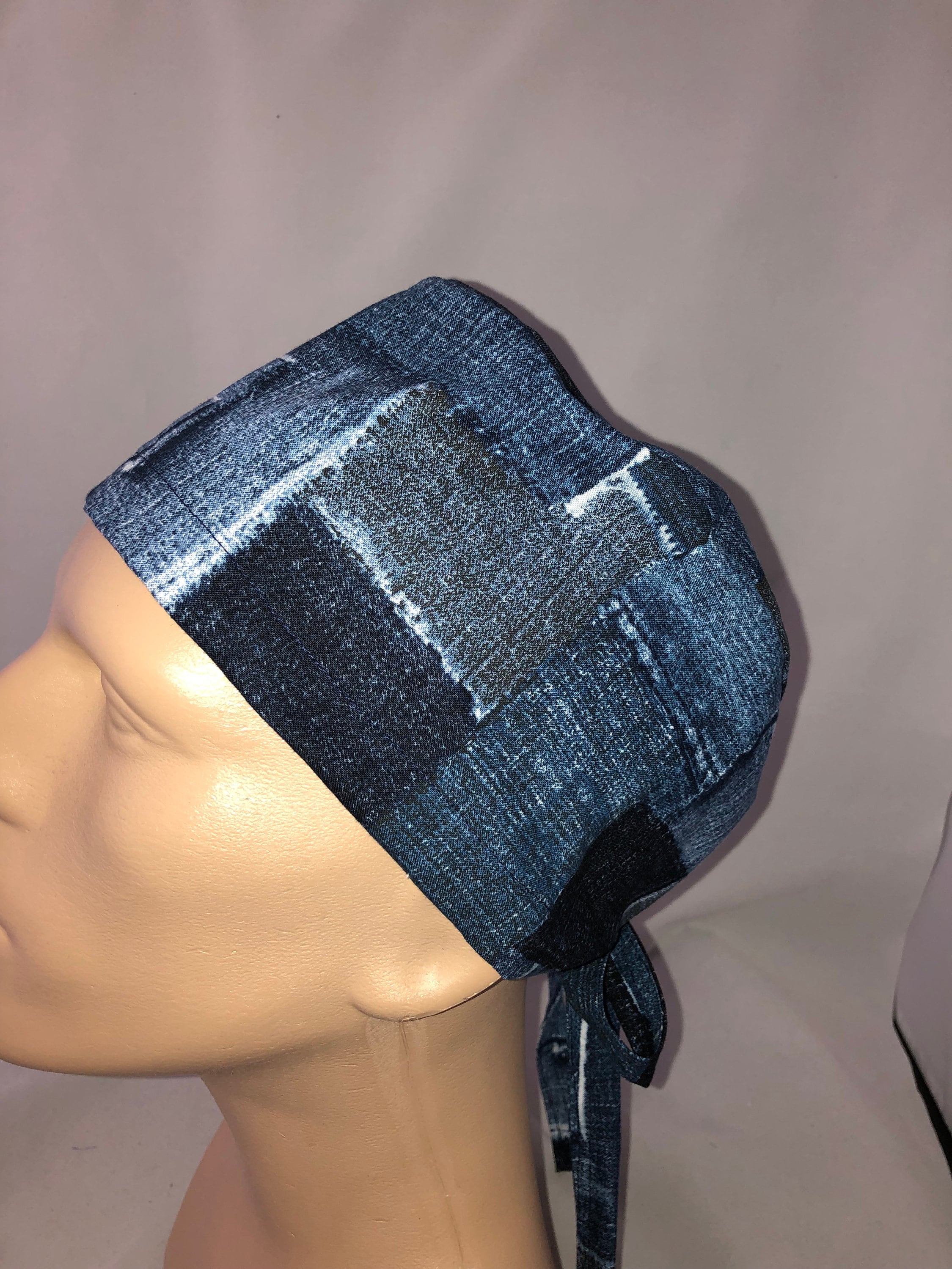 Tie Back Scrub Hat Blue Jean Denim Patch Design CRNA CNOR Dr Skull ...