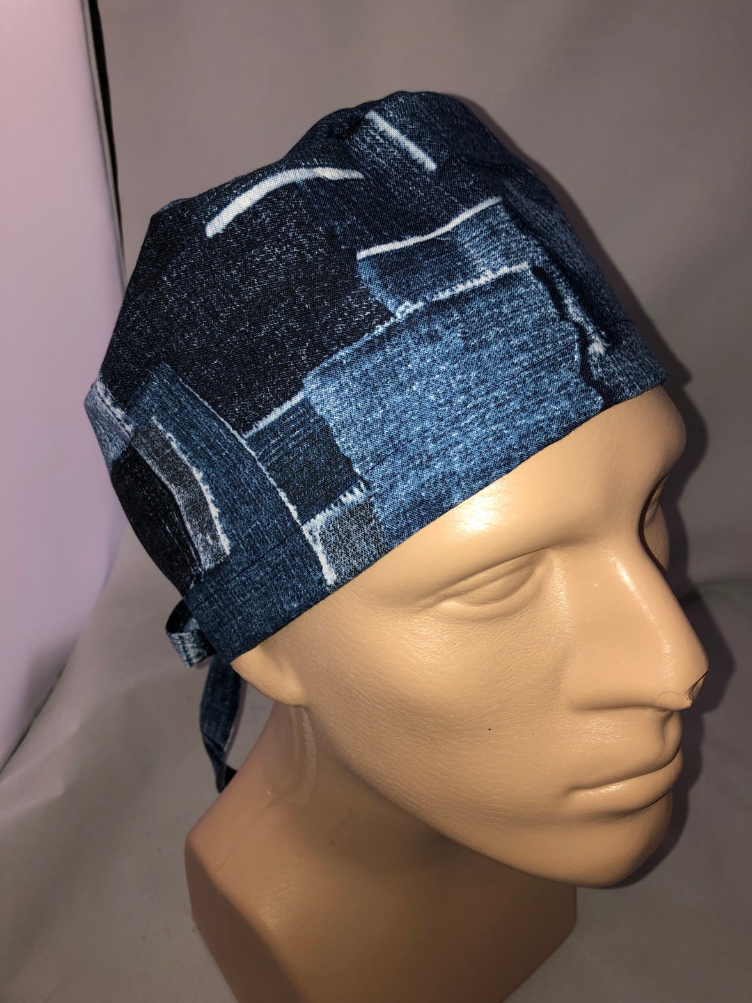 Tie Back Scrub Hat Blue Jean Denim Patch Design CRNA CNOR Dr Skull ...