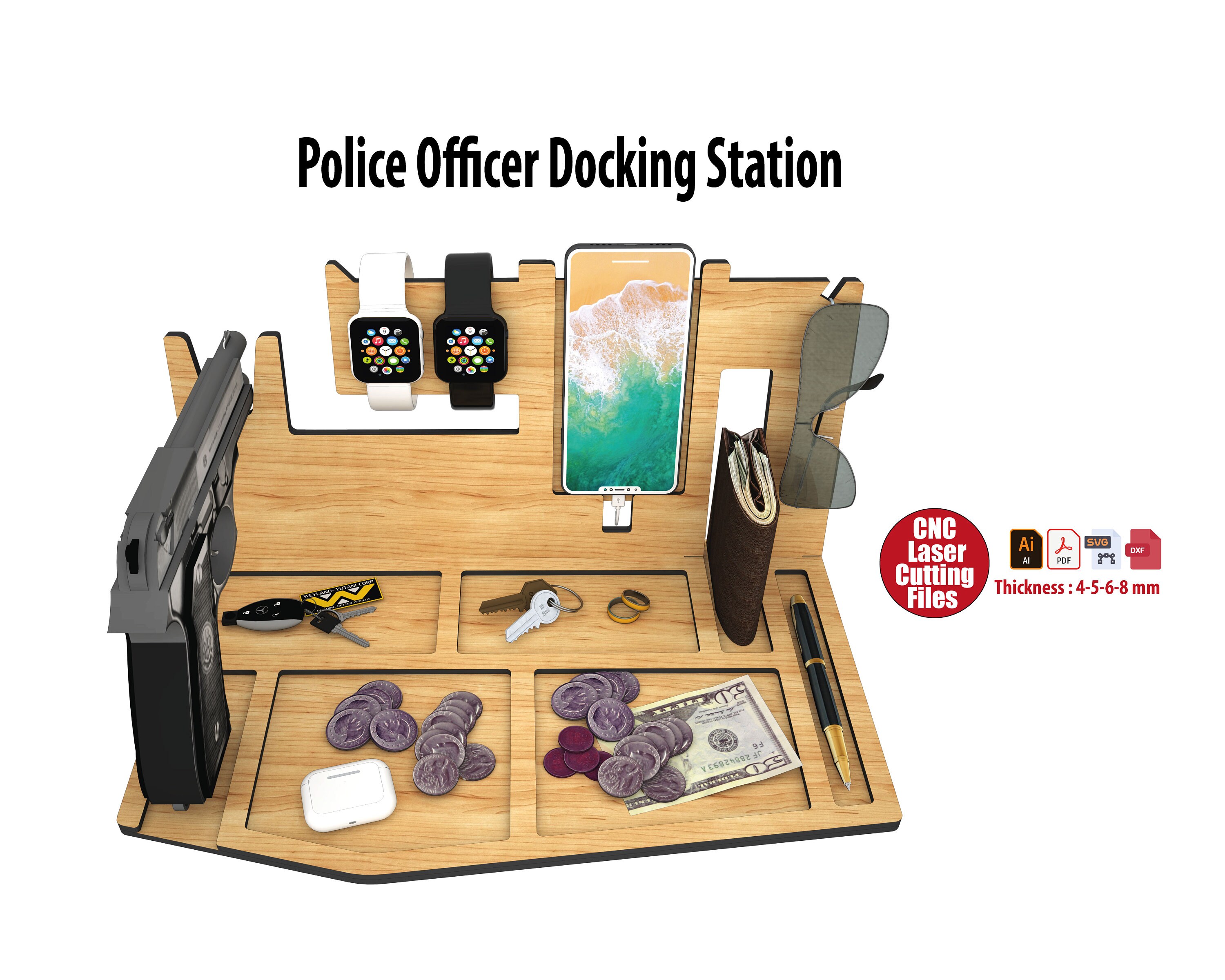 Wood Police Officer Gun Docking Phone Charging Station Pad, Desk ...