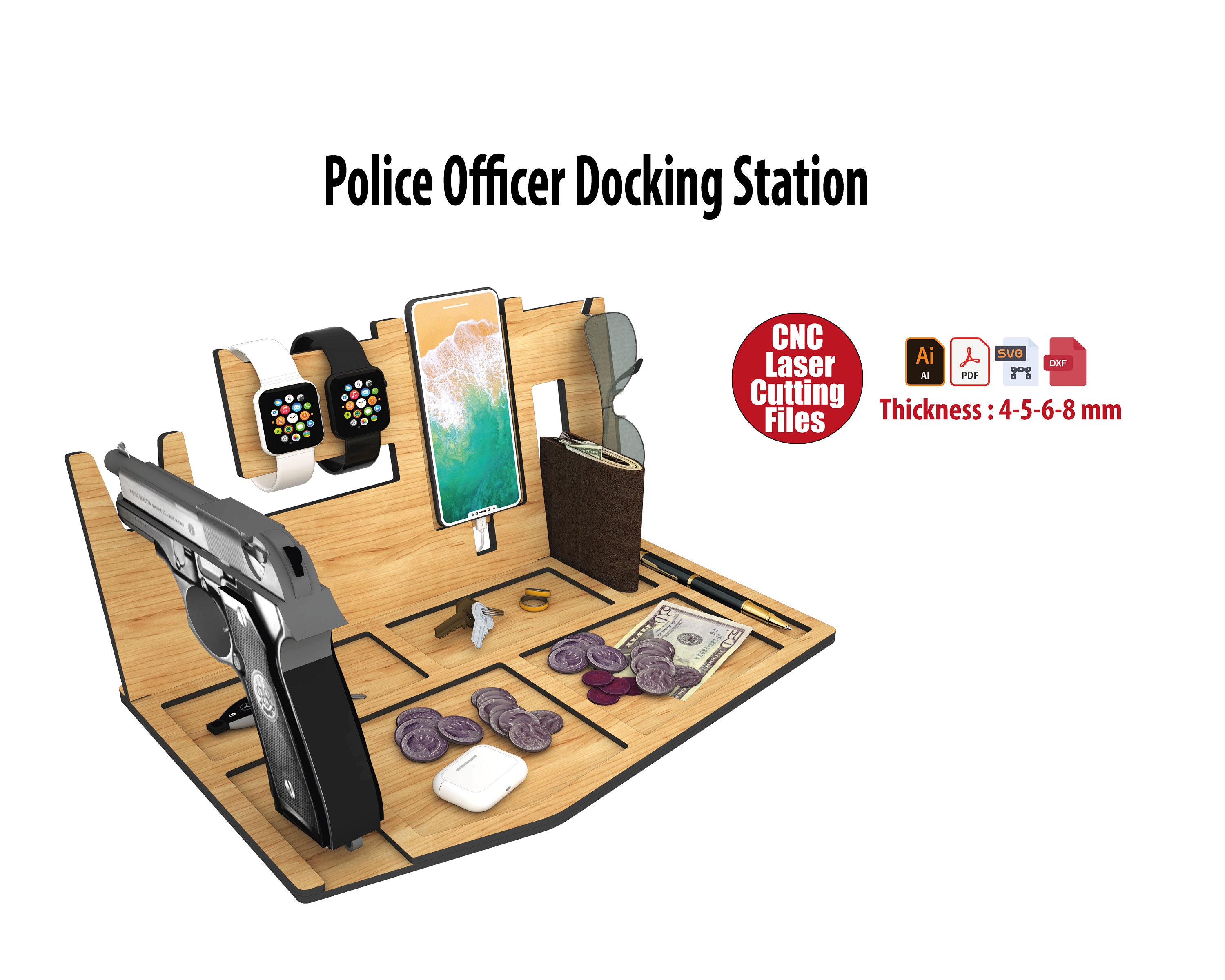 Wood Police Officer Gun Docking Phone Charging Station Pad, Desk ...