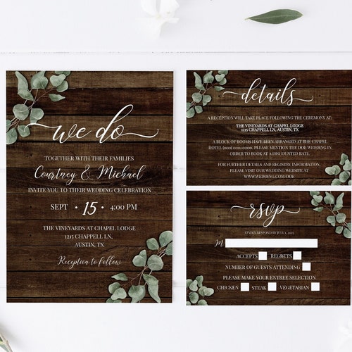 Rustic Dark Wooden Wedding Invitation Template Greenery and - Etsy