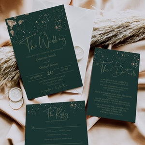 Emerald and Gold Wedding Invitation Set, Printable Dark Green Wedding Invite Template, ASPEN - Etsy