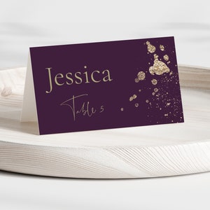 Dark Purple and Gold Wedding Name Card Template, Deep Plum Printable ...