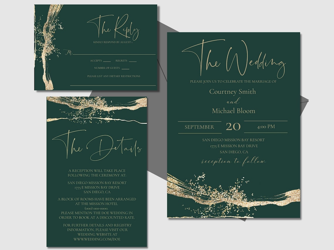 Emerald and Gold Wedding Invitation Set, Printable Dark Green Wedding ...