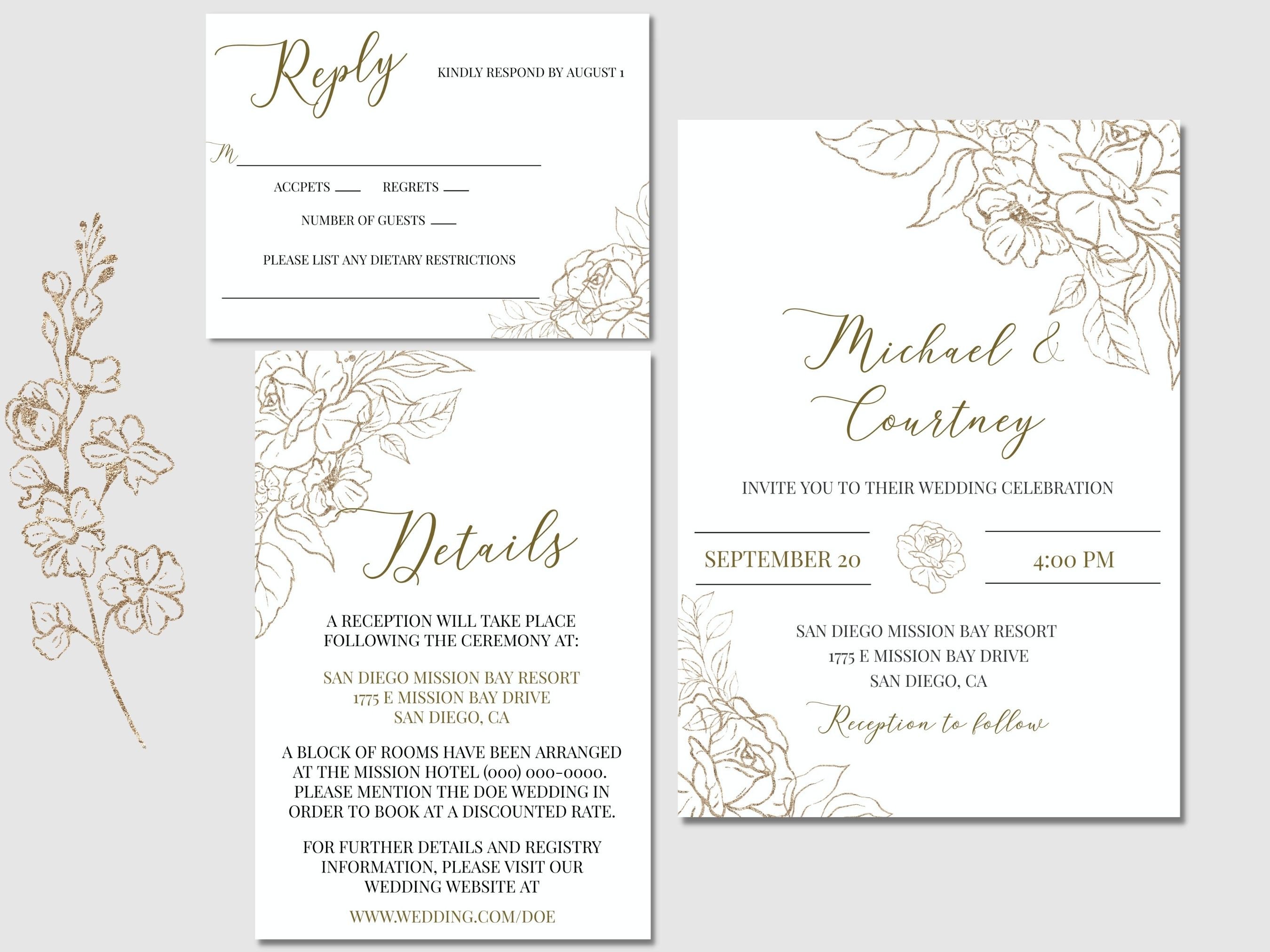 Gold Flower Wedding Invitation Bundle, Gold Invite Template, Wedding ...