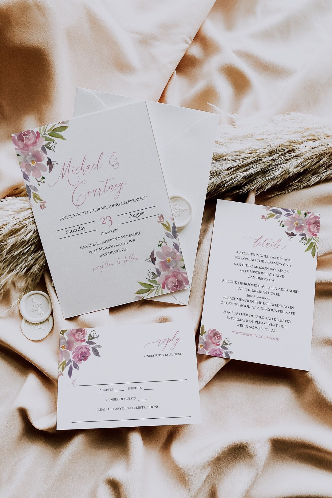 Mauve Wedding Invitation Set, Printable Dusty Pink Wedding Invite, RSVP ...