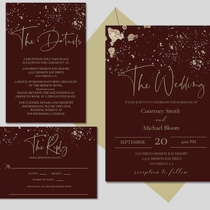 Dark Wine and Gold Wedding Invitation Set, Printable Deep Red Wedding ...