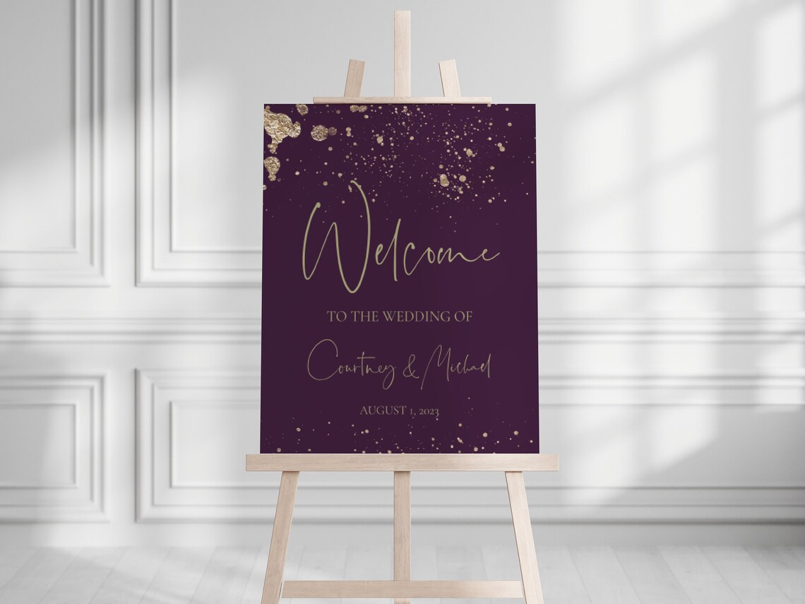 Deep Purple and Gold Wedding Welcome Sign Template, Dark Plum Wedding ...
