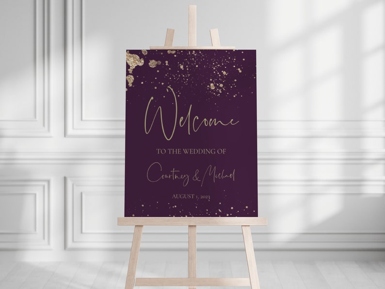 Deep Purple and Gold Wedding Welcome Sign Template Dark Plum - Etsy