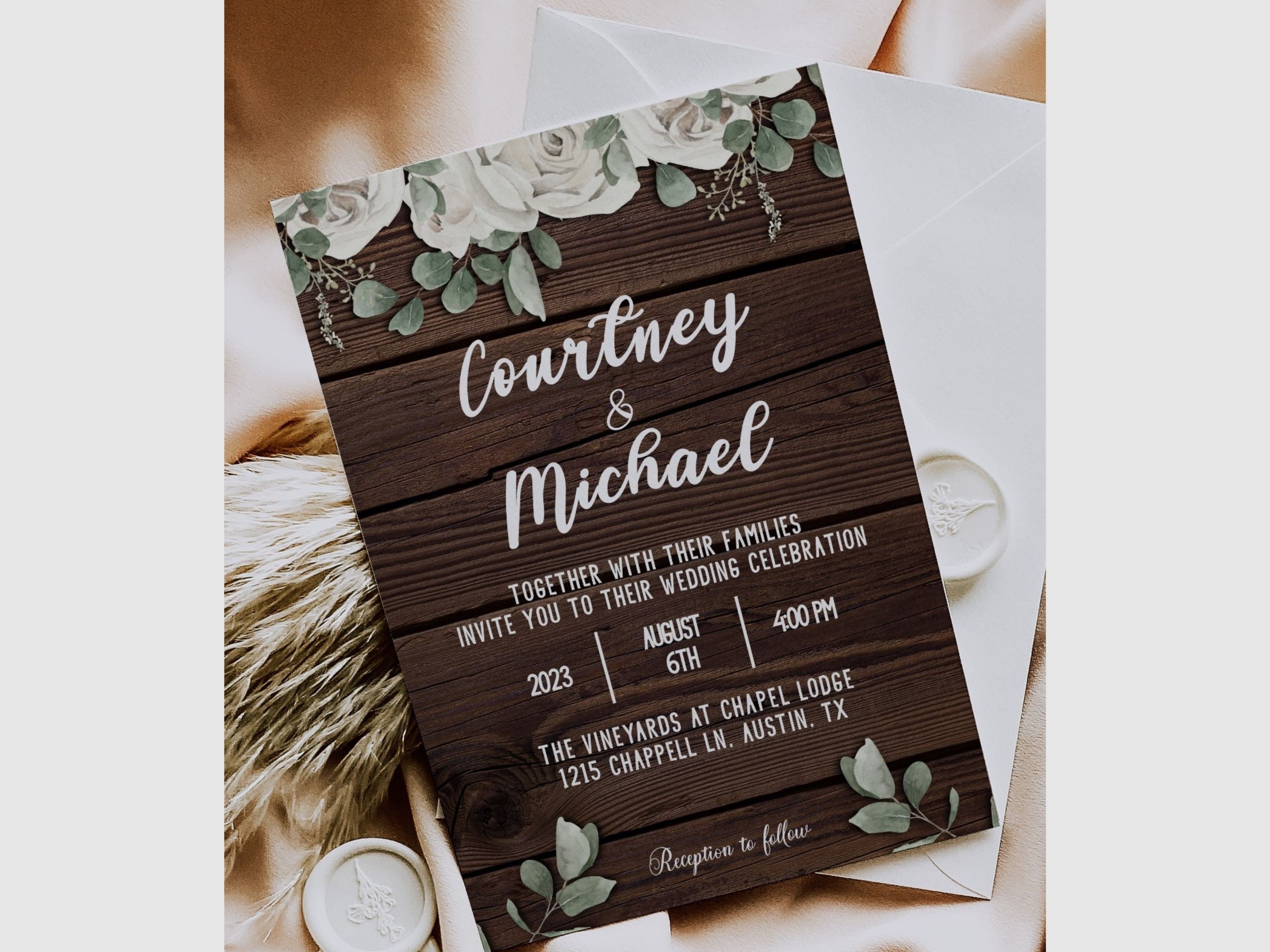 Rustic Wooden Wedding Invitation, Printable Wood and White Floral ...