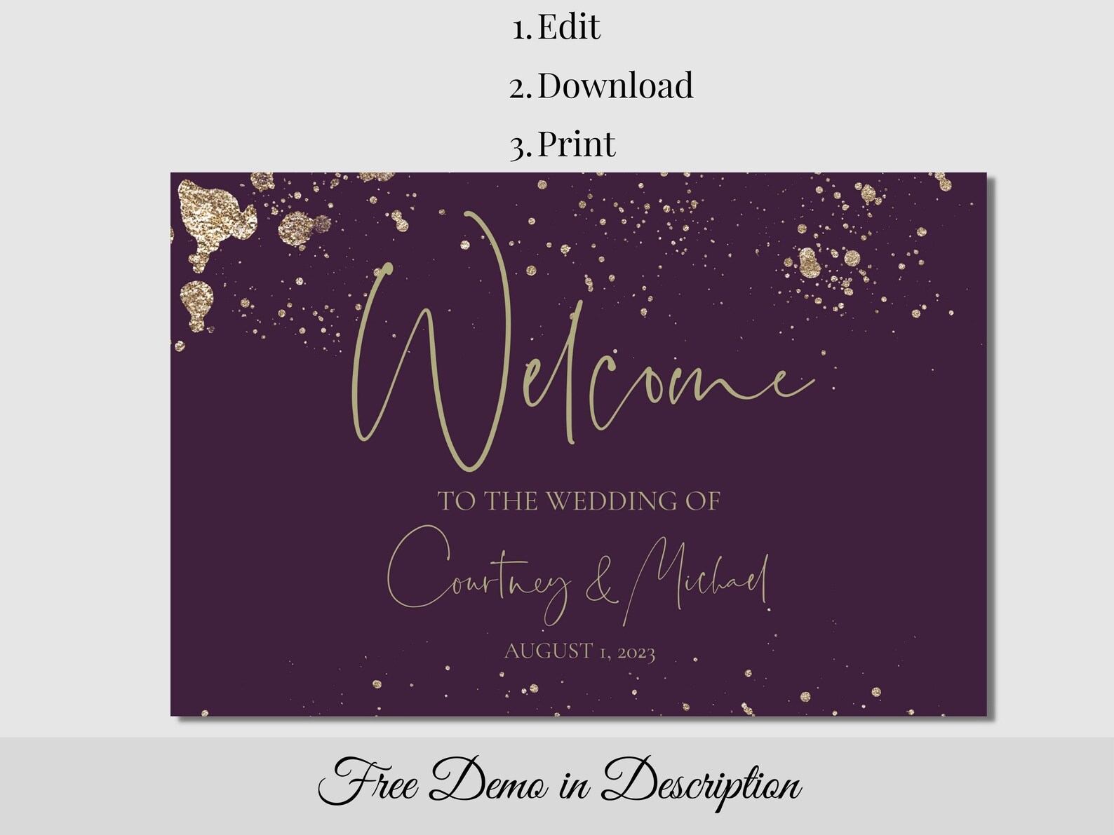 Deep Purple and Gold Wedding Welcome Sign Template, Dark Plum Wedding ...