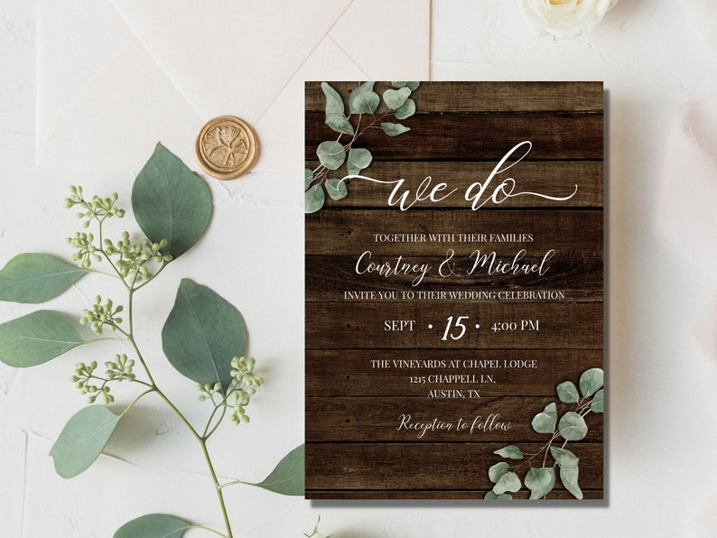 Rustic Dark Wooden Wedding Invitation Template Greenery and - Etsy