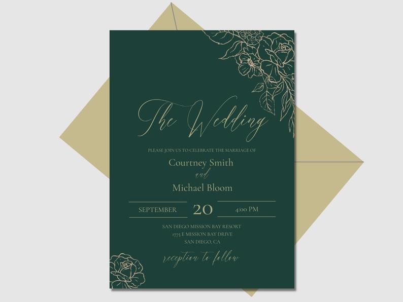 Emerald and Gold Floral Wedding Invitation Set Printable Deep - Etsy