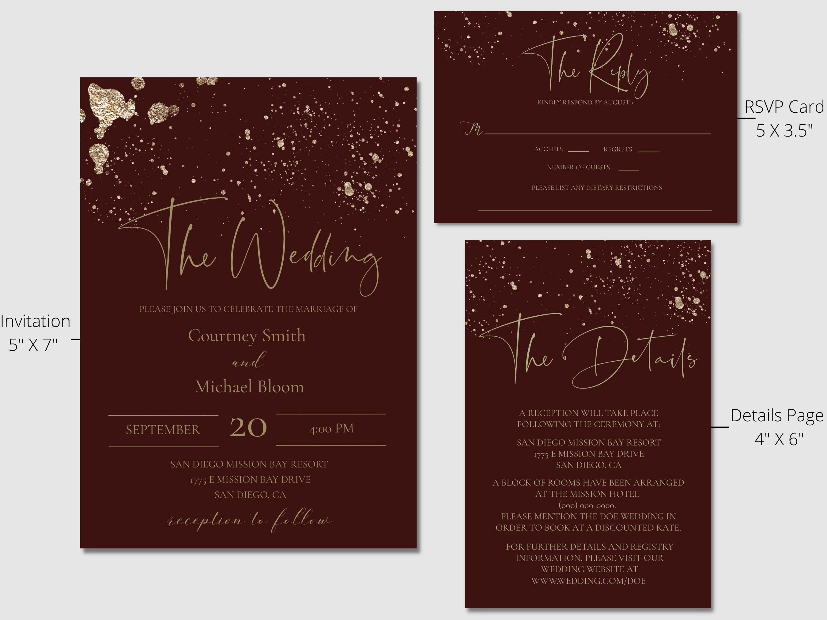 Dark Wine and Gold Wedding Invitation Set Printable Deep Red - Etsy