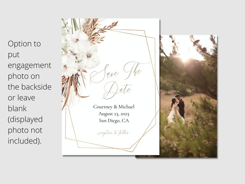 Boho Pampas Save the Date Template, White and Brown Bohemian Save the ...