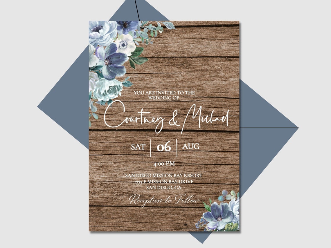 Rustic Dusty Blue Wooden Wedding Invitation Template, Printable Blue ...