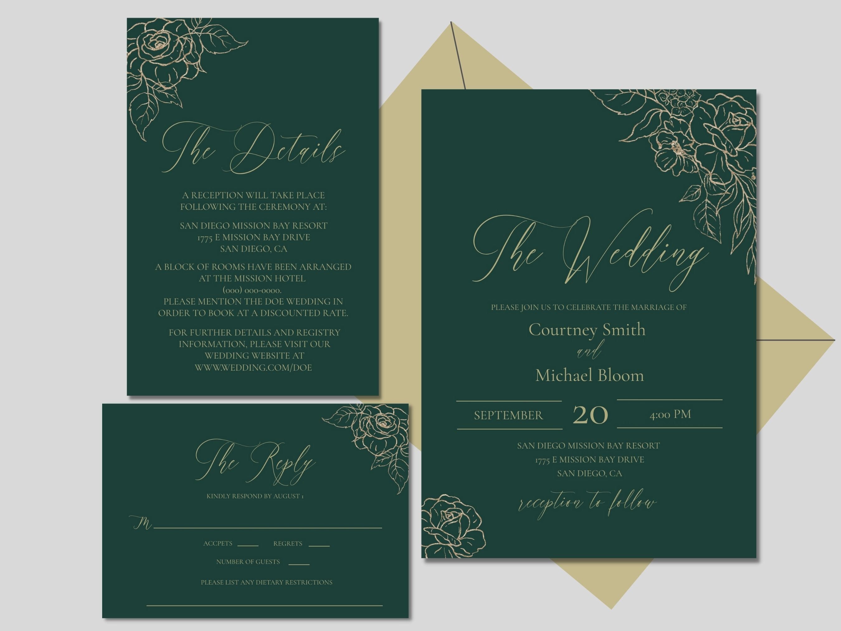 Emerald and Gold Floral Wedding Invitation Set Printable Deep - Etsy