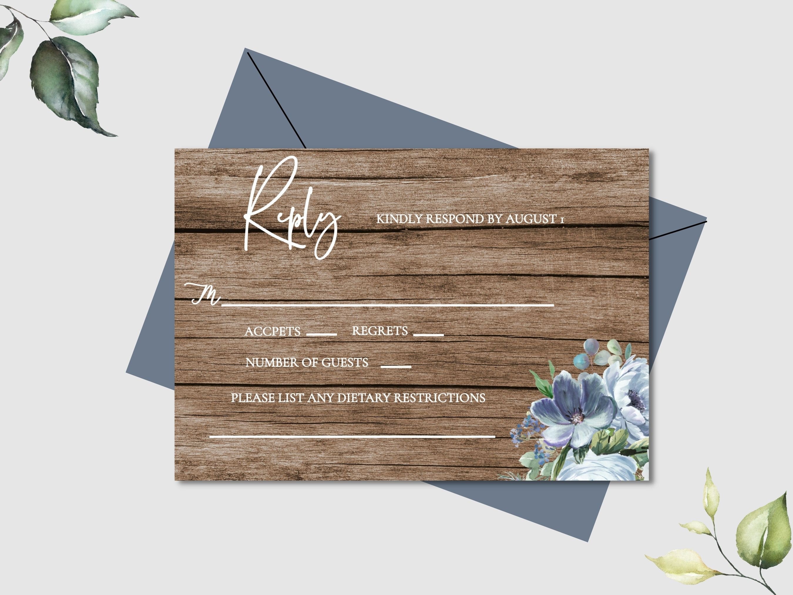 Rustic Dusty Blue Wooden Wedding Invitation Template, Printable Blue ...